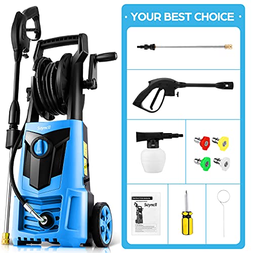 Suyncll Electric Pressure Washer 1500W Power Washer Electric Powered Pressure Washer Machine with 4 Nozzles for Cleaning Patio, Cars, Driveways, Fences, Garden(Blue)