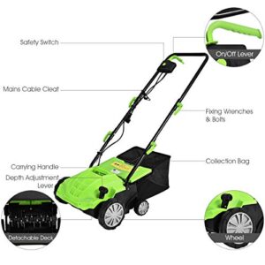 Goplus 2-in-1 Lawn Mowers 13-Inch Lawn Dethatcher 12 Amp, 3 Level Depth Adjustable Weeder w/ 40L Collection Bag & 2 Removable Blades, Corded Electric Scarifier for Garden & Yard