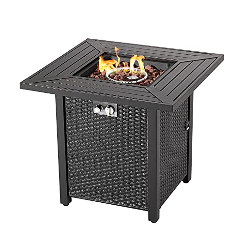 HOMPUS Outdoor Propane Fire Pit Table 28-inch 40,000 BTU Imitation Wicker Square Glass Top Fire Table with Lava Rocks,Rain Cover Gas Smokeless Fire Pit for Outside Patio,Garden,Deck,Backyard