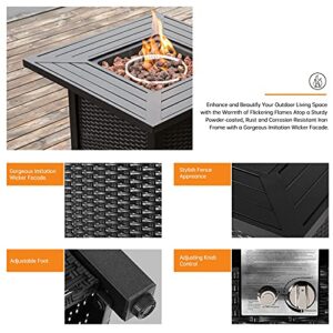 HOMPUS Outdoor Propane Fire Pit Table 28-inch 40,000 BTU Imitation Wicker Square Glass Top Fire Table with Lava Rocks,Rain Cover Gas Smokeless Fire Pit for Outside Patio,Garden,Deck,Backyard