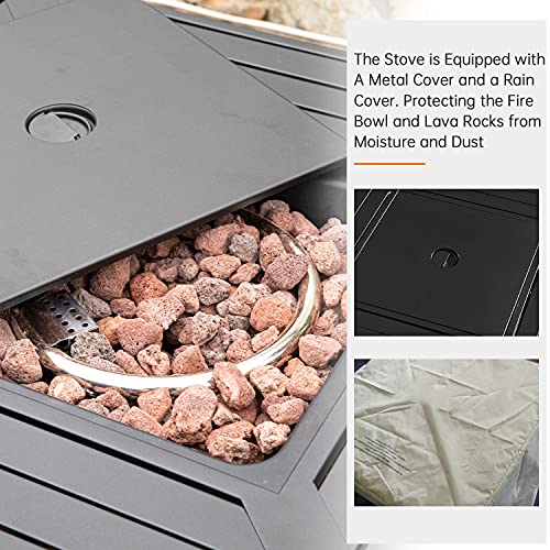 HOMPUS Outdoor Propane Fire Pit Table 28-inch 40,000 BTU Imitation Wicker Square Glass Top Fire Table with Lava Rocks,Rain Cover Gas Smokeless Fire Pit for Outside Patio,Garden,Deck,Backyard