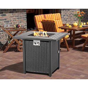 HOMPUS Outdoor Propane Fire Pit Table 28-inch 40,000 BTU Imitation Wicker Square Glass Top Fire Table with Lava Rocks,Rain Cover Gas Smokeless Fire Pit for Outside Patio,Garden,Deck,Backyard