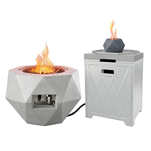 Kante 25" Concrete Propane Fire Pit Table with Assemble Tank Cover, 50,000 BTU Geometric Tray Style Lid for Outside Patio Garden,Comes Tabletop Pit, Lava Rock Light Gray (A-GF002-81904-SW01)