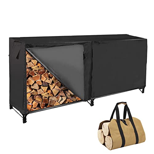 Emalie 8ft Outdoor Indoor Firewood Log Rack with Waterproof Cover and Log Carrier Tote Bag, Heavy-Duty Fire Wood Storage, High Capacity Log Holder Stand for Fireplace Easy Assemble | Black