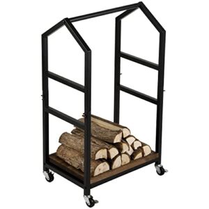 mygift 30 inch industrial firewood cart in rustic burnt wood and black metal cottage frame – indoor rolling fire log lumber holder storage rack trolley