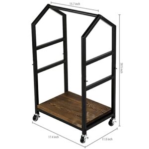 MyGift 30 Inch Industrial Firewood Cart in Rustic Burnt Wood and Black Metal Cottage Frame - Indoor Rolling Fire Log Lumber Holder Storage Rack Trolley