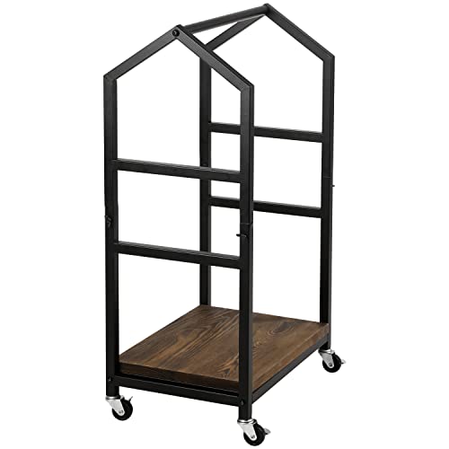 MyGift 30 Inch Industrial Firewood Cart in Rustic Burnt Wood and Black Metal Cottage Frame - Indoor Rolling Fire Log Lumber Holder Storage Rack Trolley