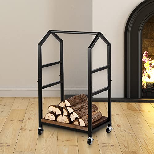 MyGift 30 Inch Industrial Firewood Cart in Rustic Burnt Wood and Black Metal Cottage Frame - Indoor Rolling Fire Log Lumber Holder Storage Rack Trolley