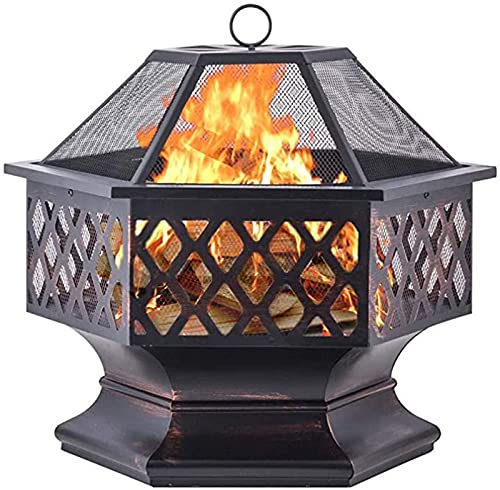 NaoSIn-Ni Garden Square Metal Brazier, Fire Pit with BBQ Grill Shelf Garden with Poker, Grill, Mesh Lid, Grate 63 61cm