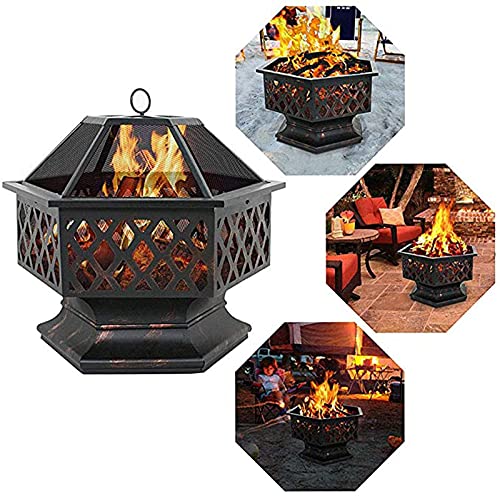 NaoSIn-Ni Garden Square Metal Brazier, Fire Pit with BBQ Grill Shelf Garden with Poker, Grill, Mesh Lid, Grate 63 61cm