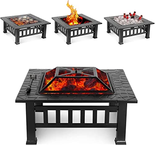 LEAYAN Garden Fire Pit Grill Bowl Grill Barbecue Rack Outdoor Fire Pit Table,3 in 1 Fire Pit Metal Fire Pit Square Stove e Garden Patio Heater with BBQ Frames Waterproof Cover for Party Picnic