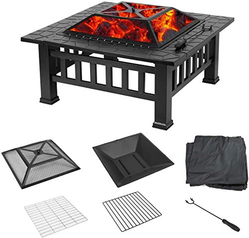 LEAYAN Garden Fire Pit Grill Bowl Grill Barbecue Rack Outdoor Fire Pit Table,3 in 1 Fire Pit Metal Fire Pit Square Stove e Garden Patio Heater with BBQ Frames Waterproof Cover for Party Picnic