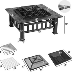 LEAYAN Garden Fire Pit Grill Bowl Grill Barbecue Rack Outdoor Fire Pit Table,3 in 1 Fire Pit Metal Fire Pit Square Stove e Garden Patio Heater with BBQ Frames Waterproof Cover for Party Picnic