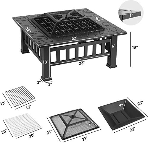 LEAYAN Garden Fire Pit Grill Bowl Grill Barbecue Rack Outdoor Fire Pit Table,3 in 1 Fire Pit Metal Fire Pit Square Stove e Garden Patio Heater with BBQ Frames Waterproof Cover for Party Picnic