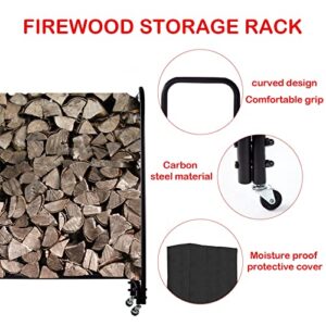 Hi-Na 4ft Heavy Duty Indoor Outdoor Firewood Storage Log Rack with Kindling Holder with Oxyford Cover& Wheels