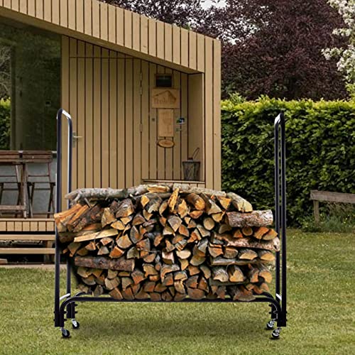 Hi-Na 4ft Heavy Duty Indoor Outdoor Firewood Storage Log Rack with Kindling Holder with Oxyford Cover& Wheels