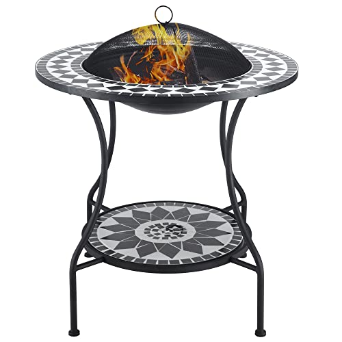 Outsunny 30" Outdoor Fire Pit & Ice Bucket & Side Table, Round Tile Tabletop, Steel Wood Burning Bowl, Spark Screen Lid for Patio, Backyard, Patio, Garden, Mosaic