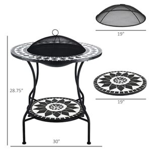 Outsunny 30" Outdoor Fire Pit & Ice Bucket & Side Table, Round Tile Tabletop, Steel Wood Burning Bowl, Spark Screen Lid for Patio, Backyard, Patio, Garden, Mosaic