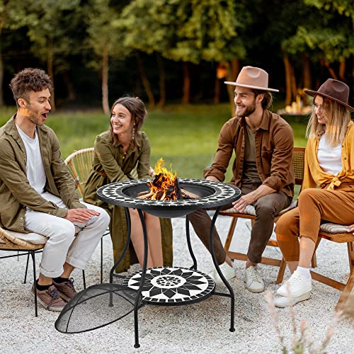 Outsunny 30" Outdoor Fire Pit & Ice Bucket & Side Table, Round Tile Tabletop, Steel Wood Burning Bowl, Spark Screen Lid for Patio, Backyard, Patio, Garden, Mosaic