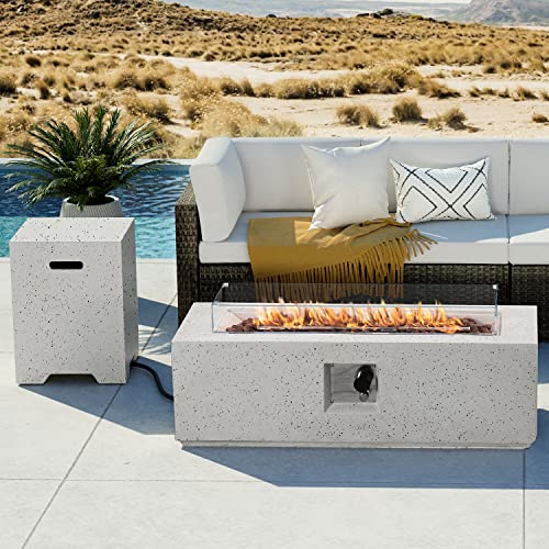 COSIEST 2-Piece Outdoor Propane Fire Pit Table Set w Tank Table, 42-inch Terrazzo Rectangle Fire Table (50,000 BTU) w 16 inches Tank Cover Side Table 20lb, Wind Guard, Rain Cover for Garden, Pool