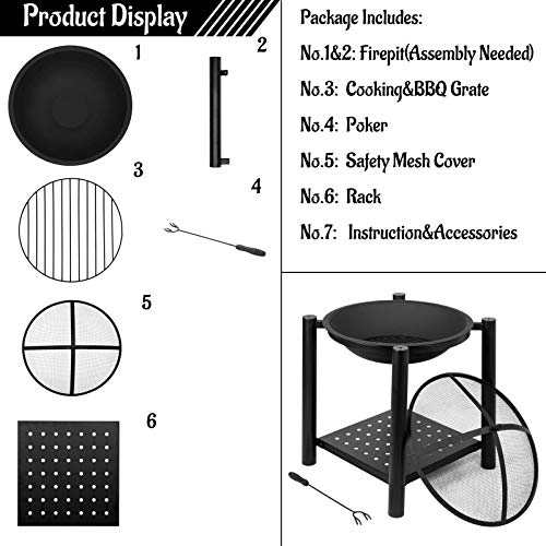 Tinsay 22in Circular Firepit, Patio&Outdoor Wood Burning Stove, Metal Firepit for BBQ in Garden, Backyard or Camping