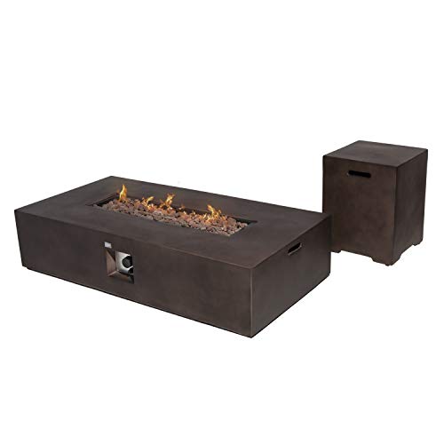 COSIEST 2-Piece Outdoor Propane Fire Table Set, Rectangle Concrete 56-inch x 28-inch Bronze Fire Pit (50,000 BTU) w 20lb Tank Table,Waterproof Cover for Garden, Porch, Backyard