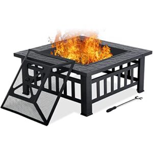 hkeli 32 inches fire pit square metal fire pit firepit outdoor multifunctional fire pit table wood burning fireplace with spark screen & safety poker for patio backyard garden, black