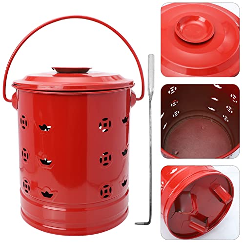 HANABASS Enamel Burn Barrel Incinerator Cages Fire Pits with Double Handle Fire Pit Poker Stick Metal Garden Fire Cage Debris Burn Bin Pot for Wood Paper Leaf Trash Backyard Bonfire