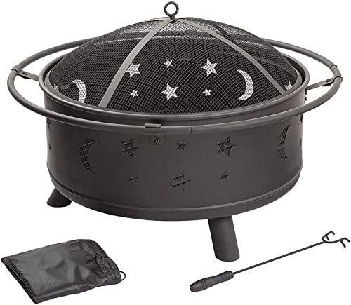 LEAYAN Garden Fire Pit Grill Bowl Grill Barbecue Rack Fire Pit with Grill Shelf, Outdoor Metal Brazier Star Moon Shape Garden Patio Heater Camping Bowl with Grill, Mesh Lid, Grate, Grid