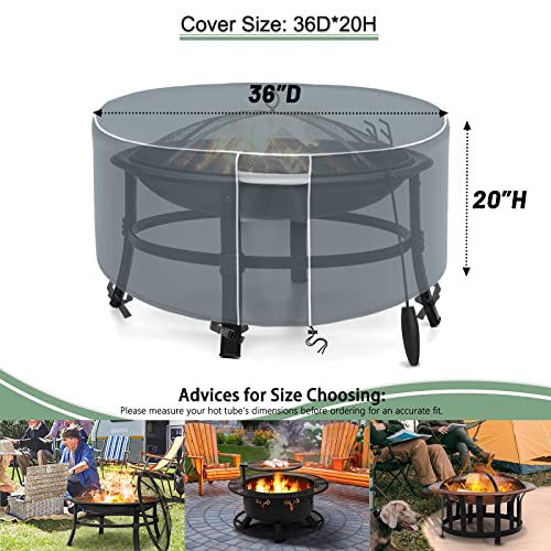 Fire Pit Cover 36 Inch Round, Waterproof Fire Pit Covers Round, 500D Heavy Duty Cover for Fire Pit, Fits 34 Inch, 36 Inch Firepit/ Fire Bowl, Windproof&Dustproof Firepit Cover -Grey, 36"Dia X 20"H