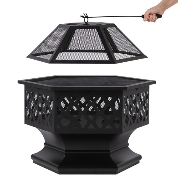 70CM Hexagonal Portable Outdoor Fire Pit for Garden Portable Garden Fire Pit, Outdoor Fire Pit, Heavy Duty Fire Bowl with Spark Screen Cover and Poker Fire Bowl Iron Brazier Wood Burning Fire Pit