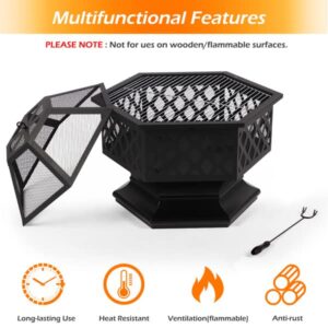 70CM Hexagonal Portable Outdoor Fire Pit for Garden Portable Garden Fire Pit, Outdoor Fire Pit, Heavy Duty Fire Bowl with Spark Screen Cover and Poker Fire Bowl Iron Brazier Wood Burning Fire Pit