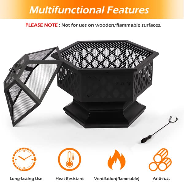 70CM Hexagonal Portable Outdoor Fire Pit for Garden Portable Garden Fire Pit, Outdoor Fire Pit, Heavy Duty Fire Bowl with Spark Screen Cover and Poker Fire Bowl Iron Brazier Wood Burning Fire Pit