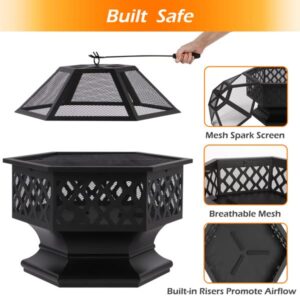 70CM Hexagonal Portable Outdoor Fire Pit for Garden Portable Garden Fire Pit, Outdoor Fire Pit, Heavy Duty Fire Bowl with Spark Screen Cover and Poker Fire Bowl Iron Brazier Wood Burning Fire Pit