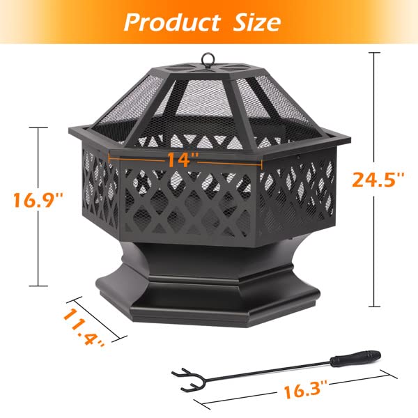 70CM Hexagonal Portable Outdoor Fire Pit for Garden Portable Garden Fire Pit, Outdoor Fire Pit, Heavy Duty Fire Bowl with Spark Screen Cover and Poker Fire Bowl Iron Brazier Wood Burning Fire Pit