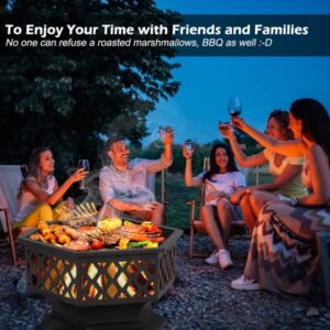 70CM Hexagonal Portable Outdoor Fire Pit for Garden Portable Garden Fire Pit, Outdoor Fire Pit, Heavy Duty Fire Bowl with Spark Screen Cover and Poker Fire Bowl Iron Brazier Wood Burning Fire Pit