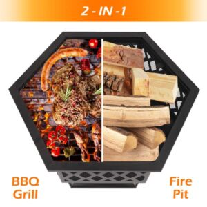 70CM Hexagonal Portable Outdoor Fire Pit for Garden Portable Garden Fire Pit, Outdoor Fire Pit, Heavy Duty Fire Bowl with Spark Screen Cover and Poker Fire Bowl Iron Brazier Wood Burning Fire Pit