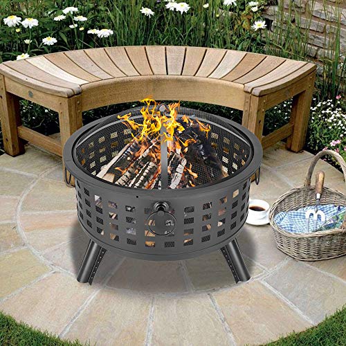 Long & Bright 26 Inch Round Lattice Fire Bowl Wood Burning Fire Pit Decoration for Backyard Garden Black