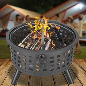 Long & Bright 26 Inch Round Lattice Fire Bowl Wood Burning Fire Pit Decoration for Backyard Garden Black