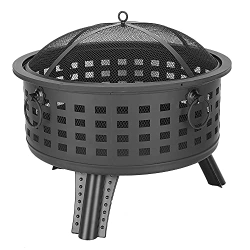 Long & Bright 26 Inch Round Lattice Fire Bowl Wood Burning Fire Pit Decoration for Backyard Garden Black