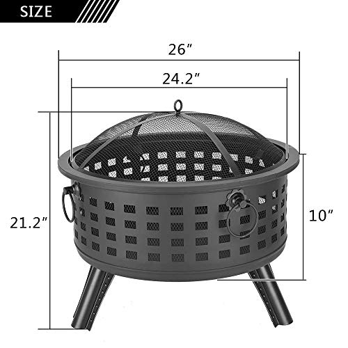 Long & Bright 26 Inch Round Lattice Fire Bowl Wood Burning Fire Pit Decoration for Backyard Garden Black