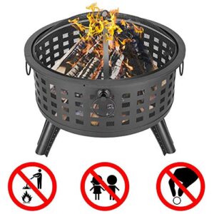 Long & Bright 26 Inch Round Lattice Fire Bowl Wood Burning Fire Pit Decoration for Backyard Garden Black