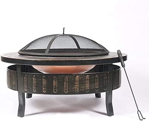 LEAYAN Garden Fire Pit Portable Grill Barbecue Rack Outdoor Fire Pits, Round Metal 32Inch Fire Pit with Base, Spark Screen, Screen Lift Tool, Outdoor Table with Cover BBQ Cooking for Camping Backyard