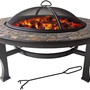 LEAYAN Garden Fire Pit Grill Bowl Grill Barbecue Rack Black Outdoor Fire Pit, Round 34" Natural Slate Top with Spark Screen Cover for Backyard Patio with Cover BBQ Cooking for Camping Backyard