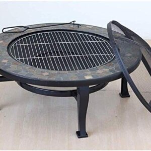 LEAYAN Garden Fire Pit Grill Bowl Grill Barbecue Rack Black Outdoor Fire Pit, Round 34" Natural Slate Top with Spark Screen Cover for Backyard Patio with Cover BBQ Cooking for Camping Backyard