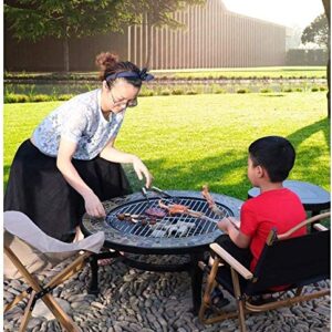 LEAYAN Garden Fire Pit Grill Bowl Grill Barbecue Rack Black Outdoor Fire Pit, Round 34" Natural Slate Top with Spark Screen Cover for Backyard Patio with Cover BBQ Cooking for Camping Backyard