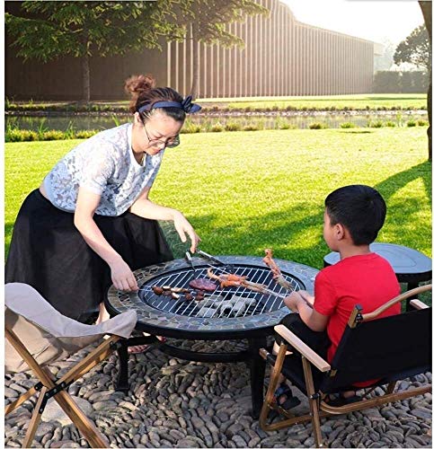 LEAYAN Garden Fire Pit Grill Bowl Grill Barbecue Rack Black Outdoor Fire Pit, Round 34" Natural Slate Top with Spark Screen Cover for Backyard Patio with Cover BBQ Cooking for Camping Backyard