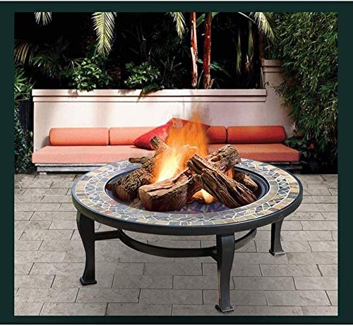 LEAYAN Garden Fire Pit Grill Bowl Grill Barbecue Rack Black Outdoor Fire Pit, Round 34" Natural Slate Top with Spark Screen Cover for Backyard Patio with Cover BBQ Cooking for Camping Backyard