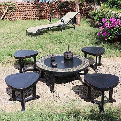 LEAYAN Garden Fire Pit Grill Bowl Grill Barbecue Rack Black Outdoor Fire Pit, Round 34" Natural Slate Top with Spark Screen Cover for Backyard Patio with Cover BBQ Cooking for Camping Backyard