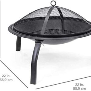 LEAYAN Garden Fire Pit Grill Bowl Grill Barbecue Rack 22 inch Fire Pit Steel Folding Outdoor Patio Heater Grill Camping Bowl BBQ with Poker, Grate, Grill with Cover BBQ Cooking for Camping Backyard